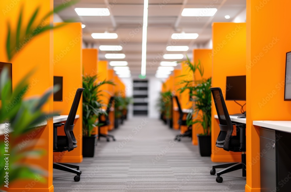Modern open-plan office with vibrant orange dividers, ergonomic chairs ...