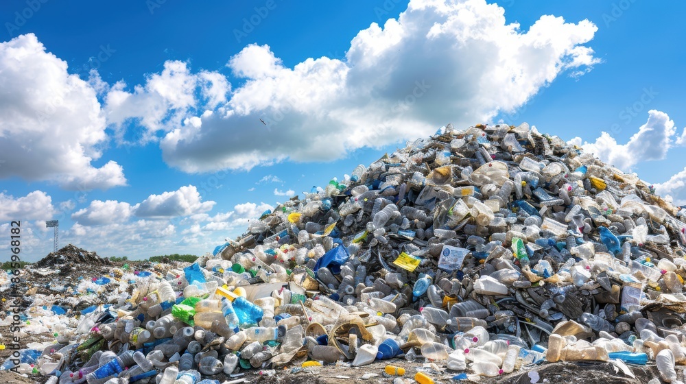 Pile of plastic waste in a landfill, waste management issue ...