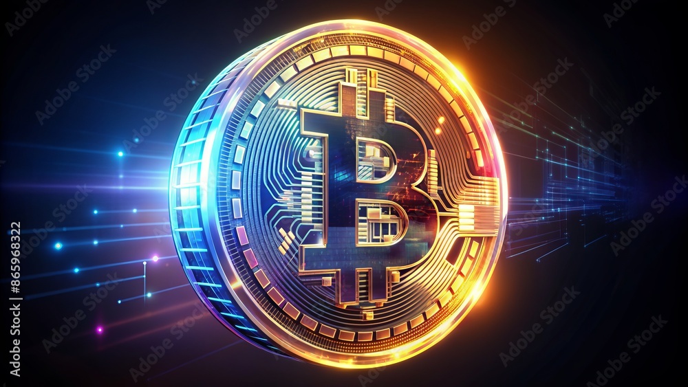 Sleek, futuristic, and vibrant 3D Bitcoin visualization emerges from ...