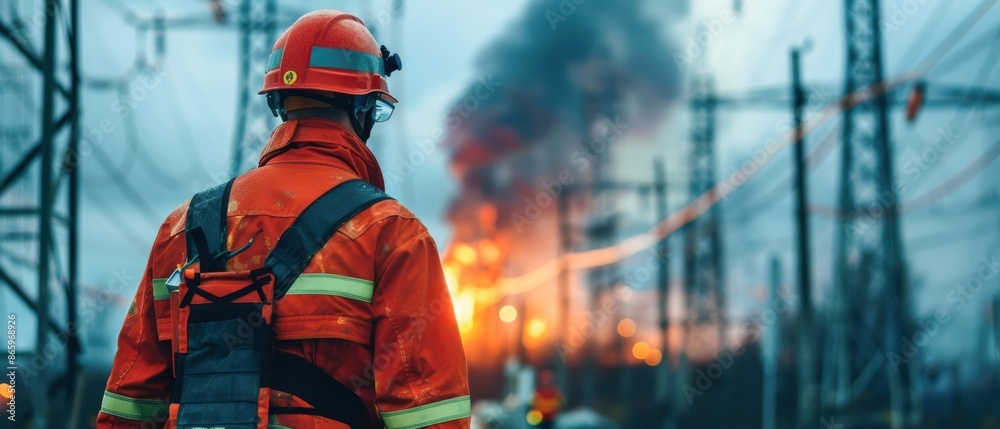 Emergency responder at the scene of an electrical fire, rescue ...