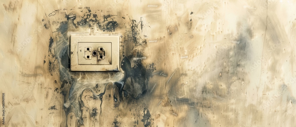 Burn marks on a wall from a faulty electrical outlet, fire hazard, home ...