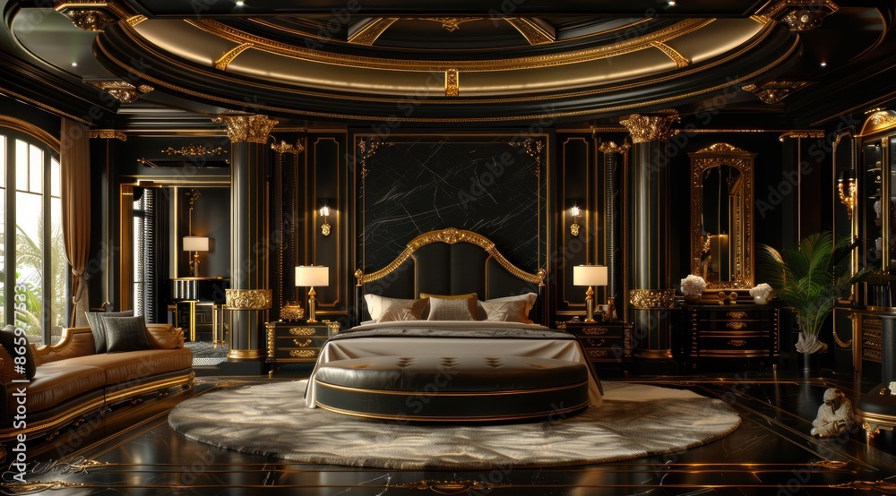 Royal luxury bedroom interior design, modern black and golden interior ...