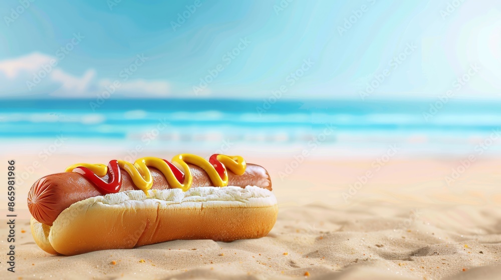 Tasty hot dog with mustard and ketchup, picnic on the beach, detailed ...