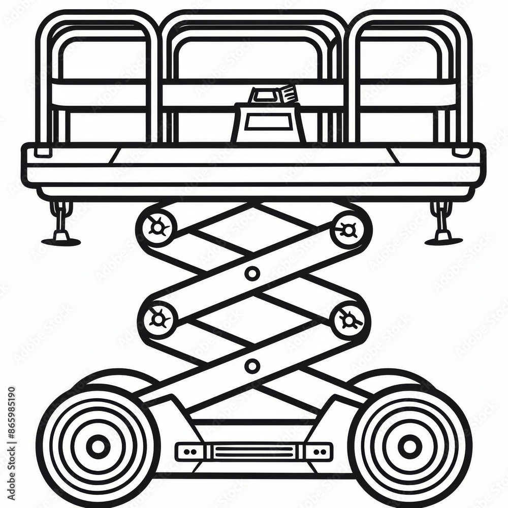 Black and white outline drawing of a construction scissor lift ...