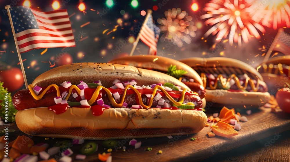 Nostalgic 4th of July celebration scene, hot dogs with ketchup and ...