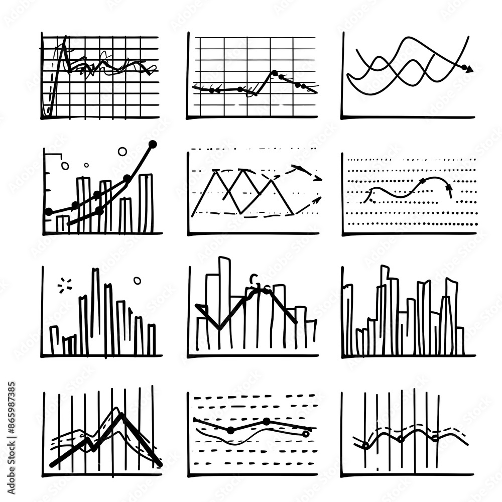 A set of graphs and charts are drawn in black and white. The graphs ...