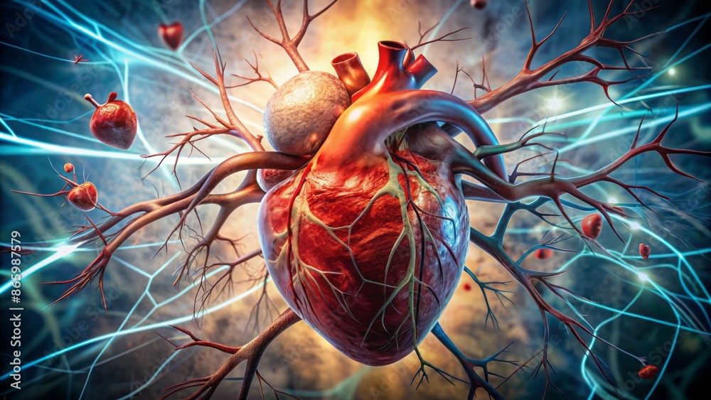 A 3D rendered illustration depicting a diseased heart with blockages ...