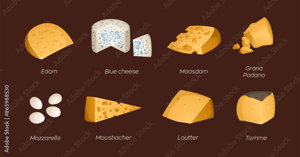 Collection of different types of cheeses on a brown background. Vector ...