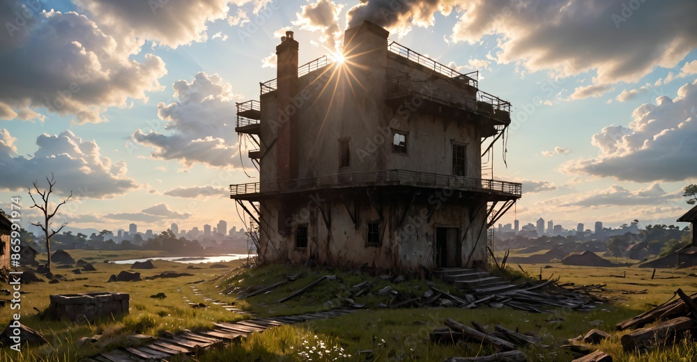 abandoned overgrown house home ruins. post apocalyptic dystopian ...