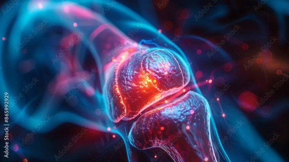 A detailed illustration showing an inflamed joint with bright red areas ...