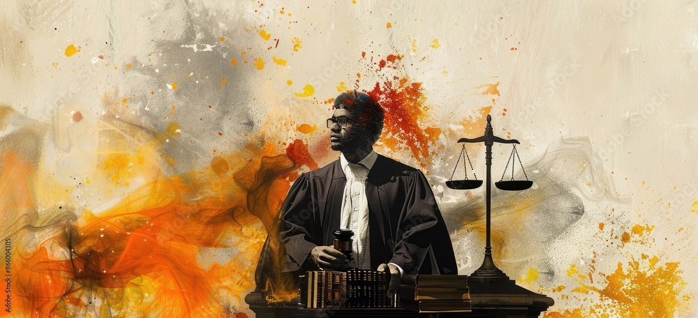 The photo shows a judge sitting behind a bench. The background is a ...