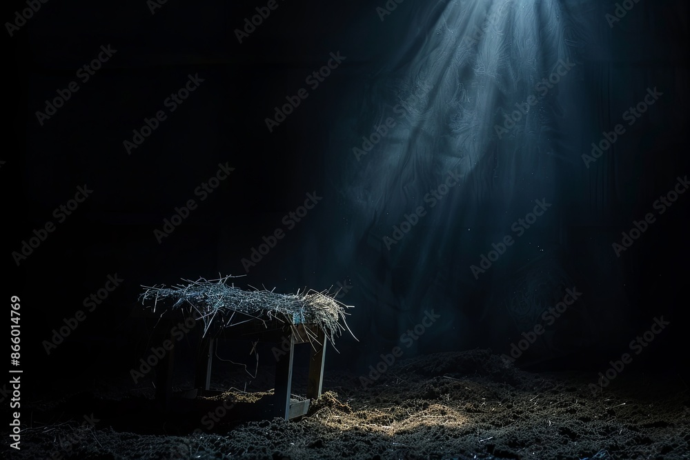 Empty Nativity scene lit by a heavenly light beam. Concept of Christmas ...