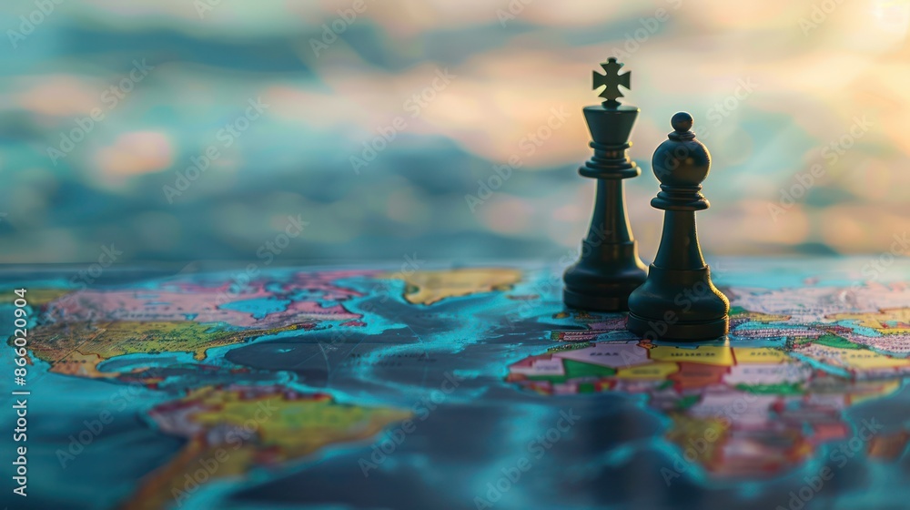 Geopolitics concept image with two chess pieces on a world map ...