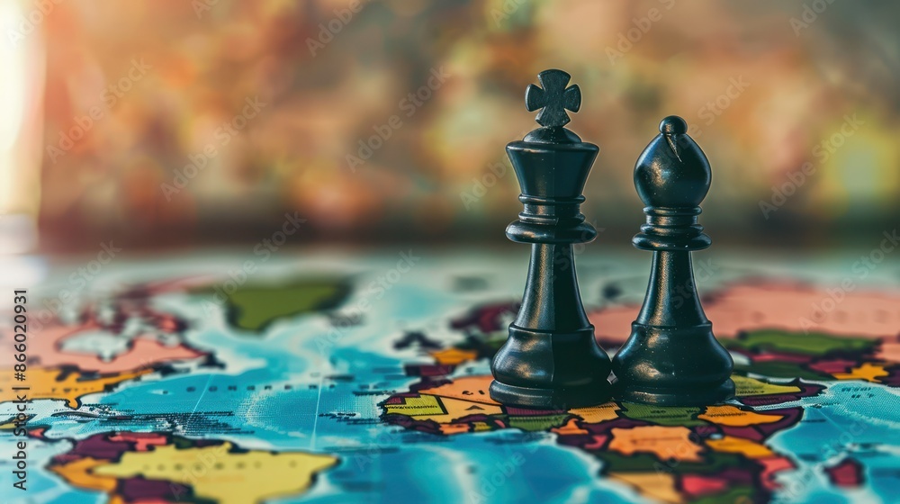 Geopolitics concept image with two chess pieces on a world map ...