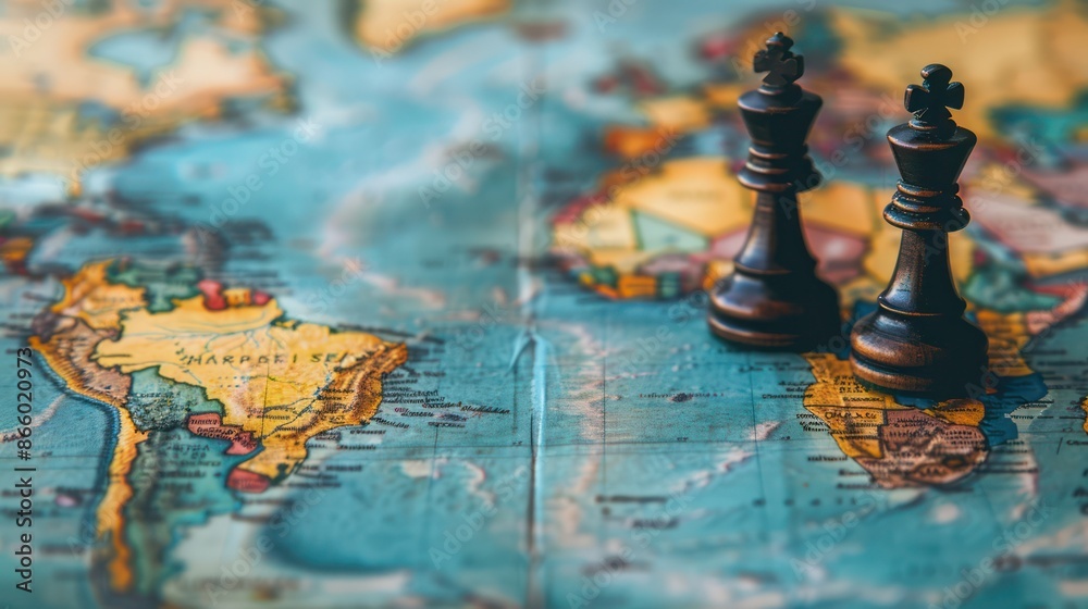 Geopolitics concept image with two chess pieces on a world map ... Geopolitics concept image with two chess pieces on a world map ...