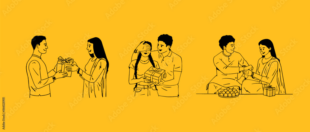 Brother and sister hand-drawn line drawing vector illustration for ...