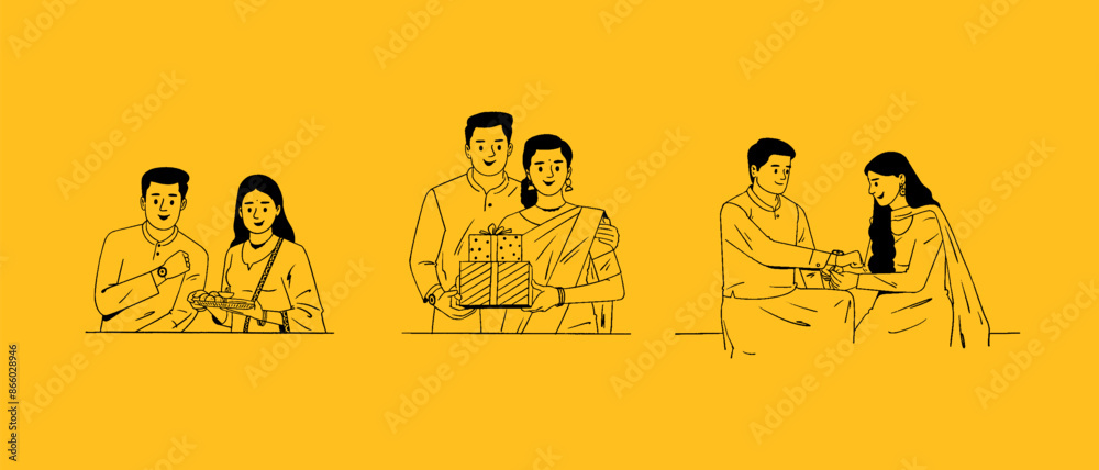 Brother and sister hand-drawn line drawing vector illustration for ...