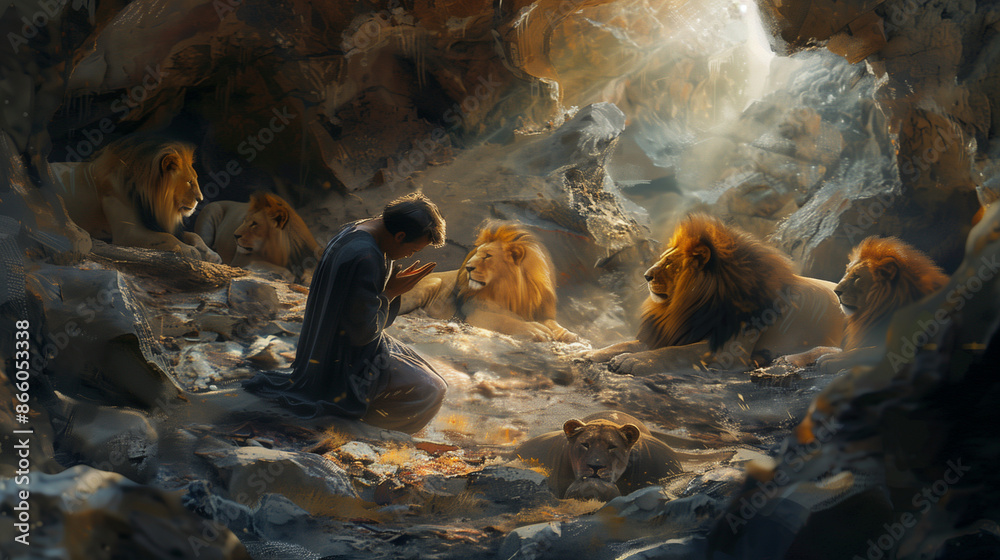 Daniel in the Lions' Den. This powerful illustration depicts the ...