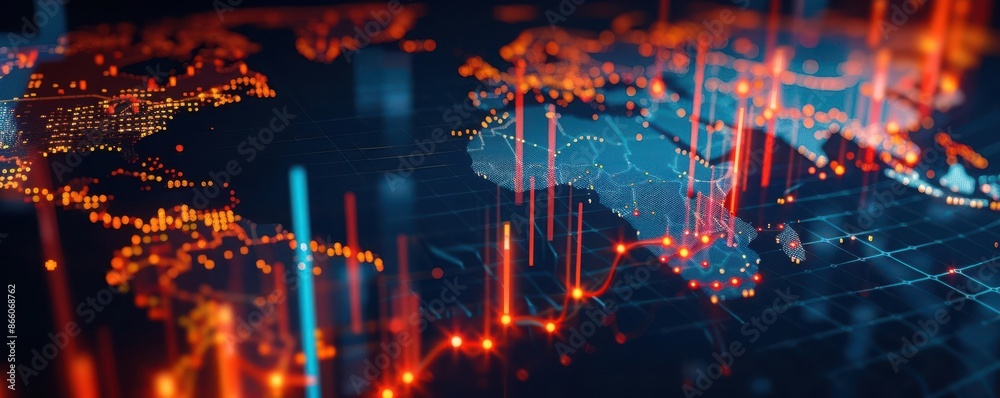 Digital illustration of a world map with oil price graphs overlaying ...