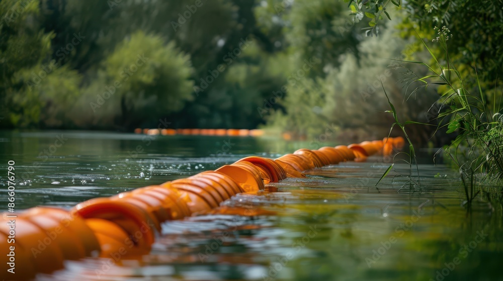 Chemical spill containment boom in river, pollution control, water ...