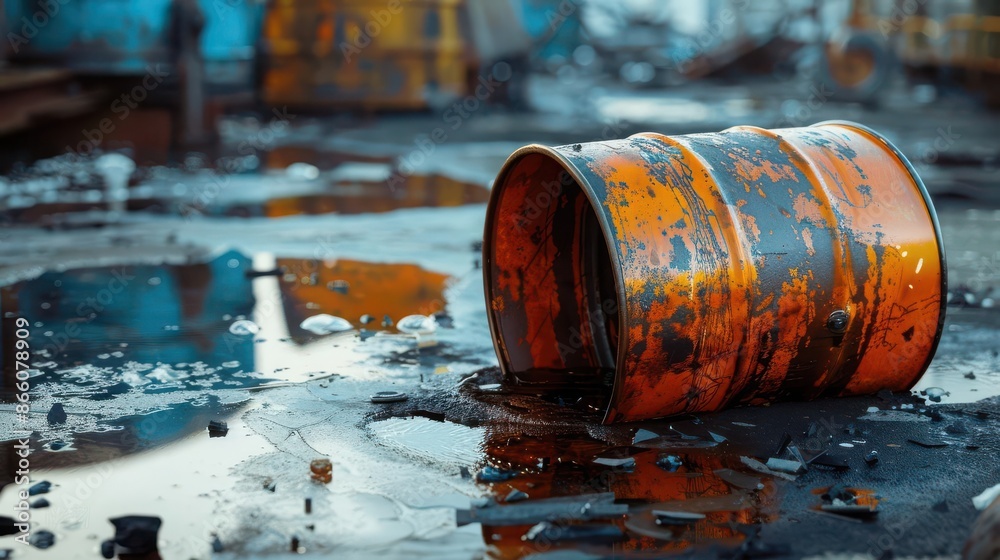 Damaged chemical drum leaking, hazardous waste, industrial cleanup ...