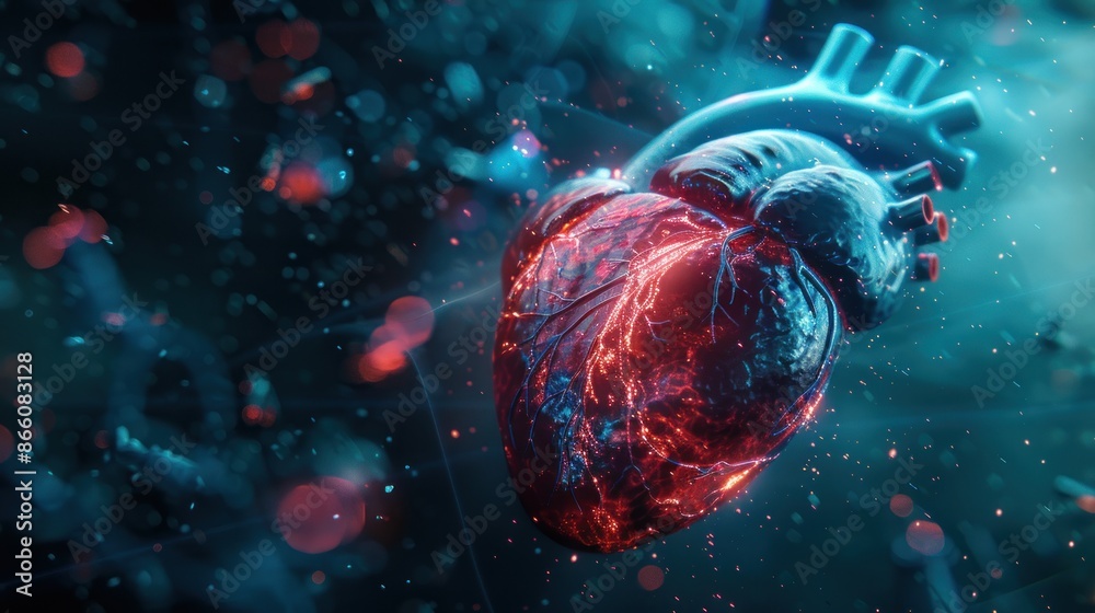 3D holographic image of human heart with translucent layers showing ...