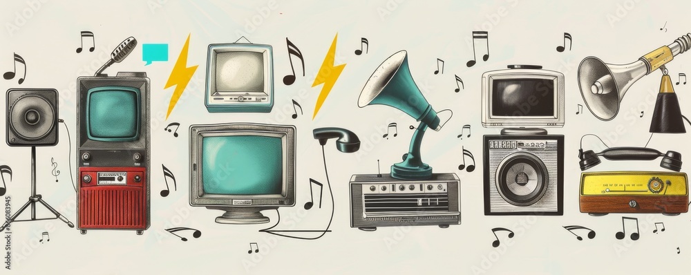 Old-fashioned items like an analog phone, television set and a classic ...