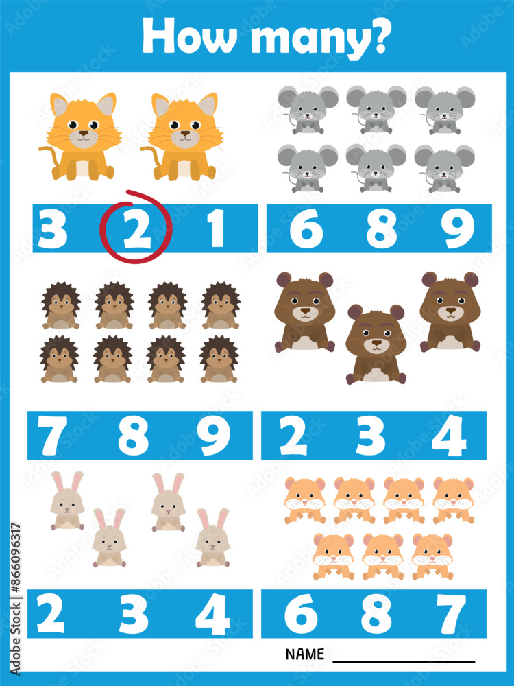 How many? Cute animals. Printable worksheet. Educational game for ...