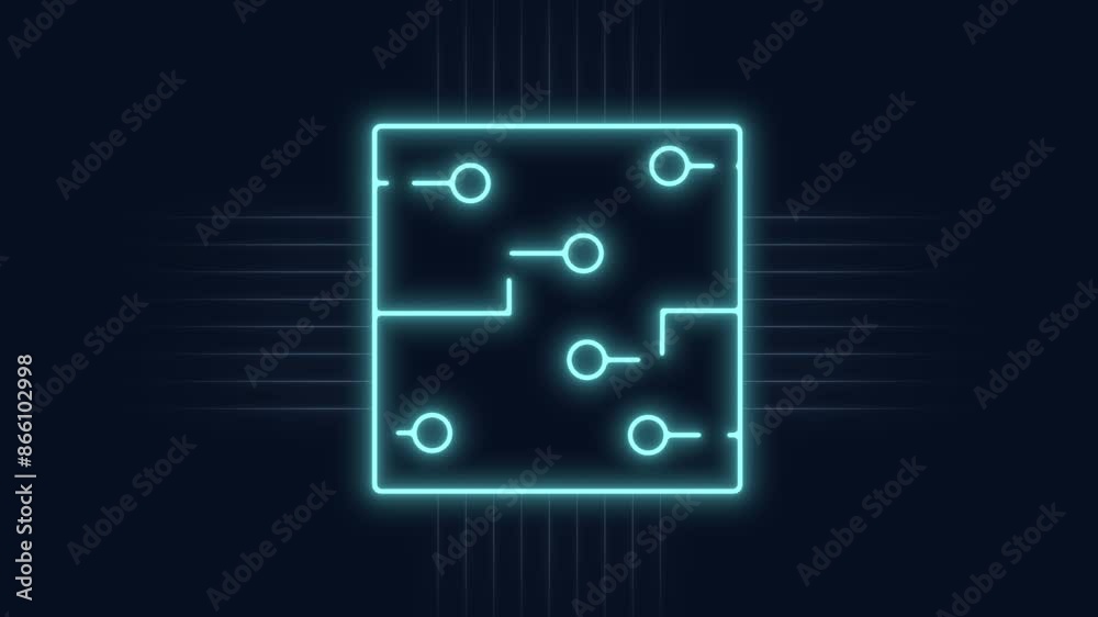 Integrated circuit neon animation. Pcb engineering animated icon glow effect. Moving signals ...