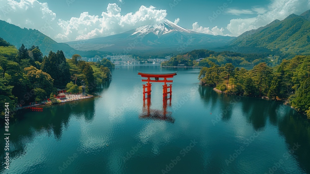 Scenic drone capture of Lake Ashi with a view of Hakone Shrine and ...
