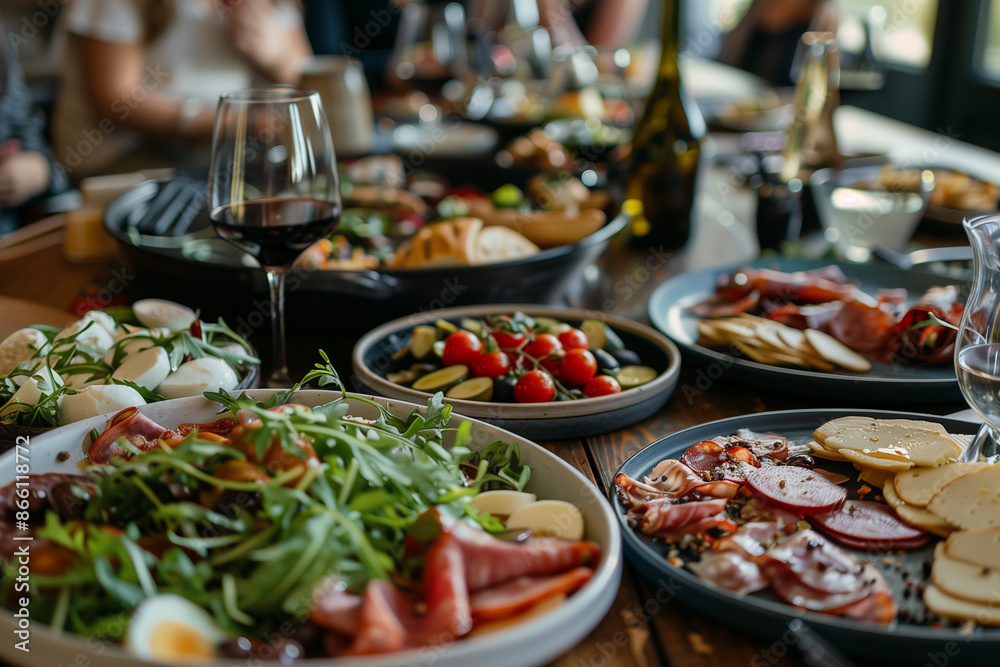 Full table of delicious Dinner party table European foods and drinks ...