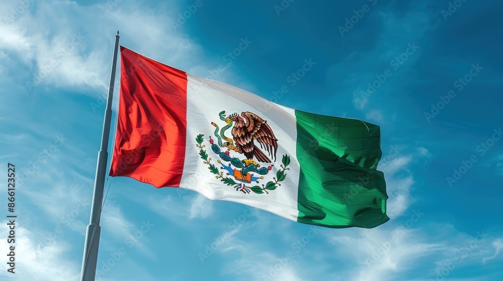 Mexican flag waving proudly in the wind against a bright blue sky with ...