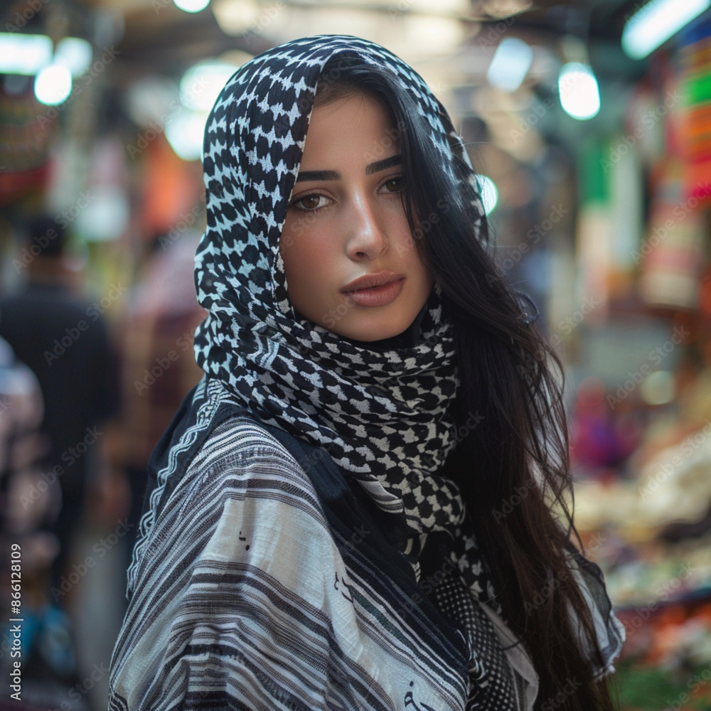 arabic model wearing black and white palestinian keffiyeh, long hair ...