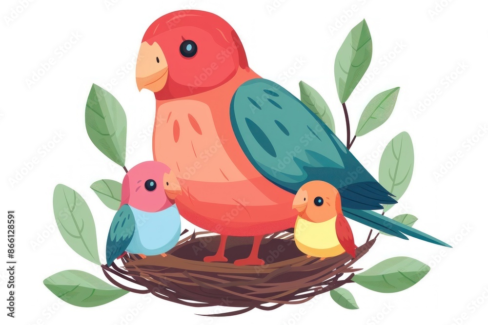 Colorful Cartoon Birds in a Nest, Representing Family and Togetherness ...