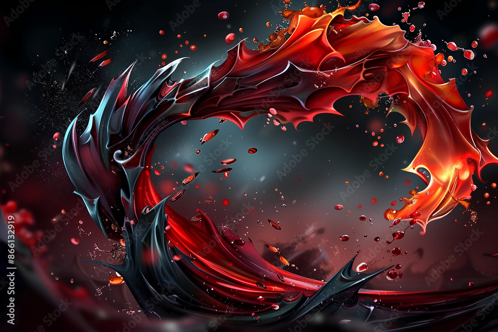 Abstract fiery dragon-like swirl in digital art style, red and black ...