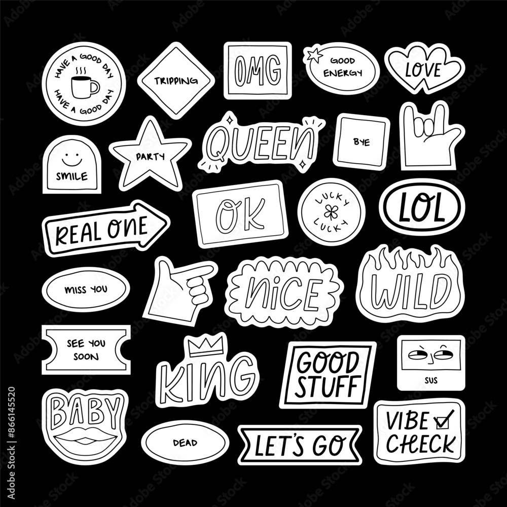Set of fun black and white sticker illustration. Retro style hand drawn ...