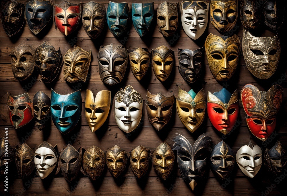 eerie masks organized mysterious table, disguises, spooky, creepy ...