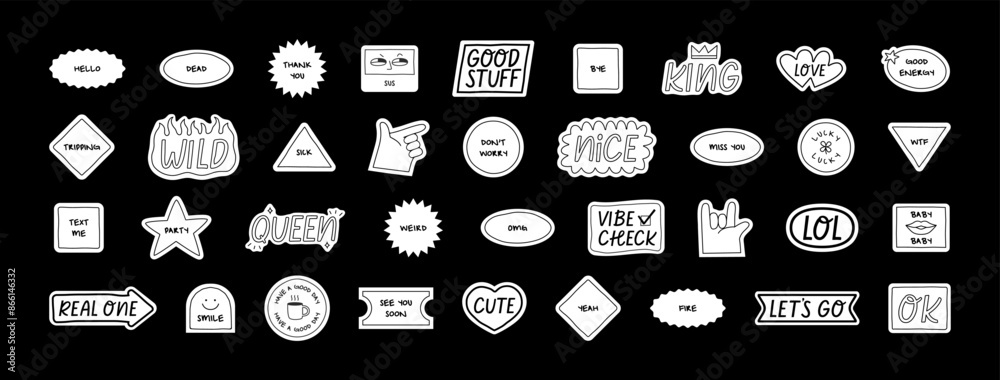 Set of fun black and white sticker illustration. Retro style hand drawn ...