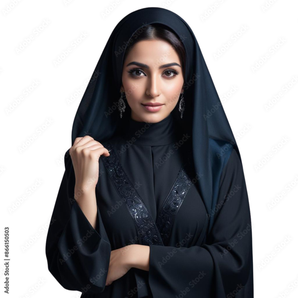 Saudi woman in hijab and traditional formal Abaya on Isolated transparent background png ...