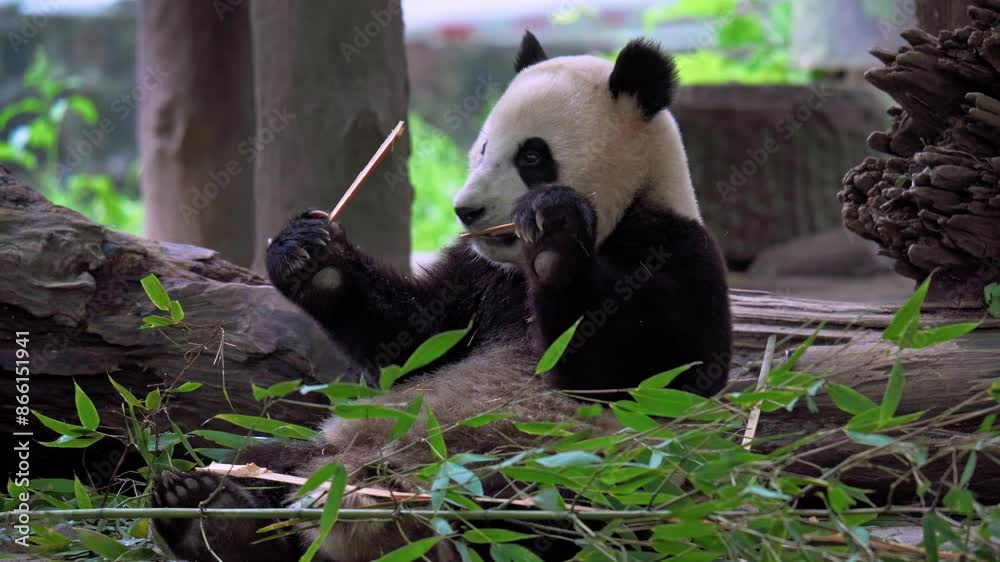 Giant panda eating bamboo at Dujiangyan Panda Base, Sichuan, China ...