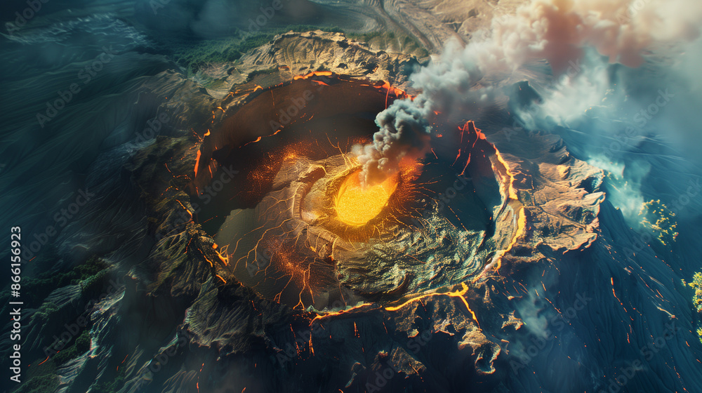Volcanic eruption observed from above. The volcano's crater and flowing ...