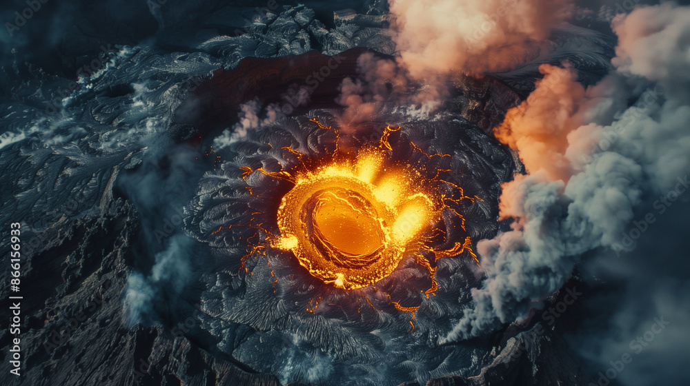 Volcanic eruption observed from above. The volcano's crater and flowing ...