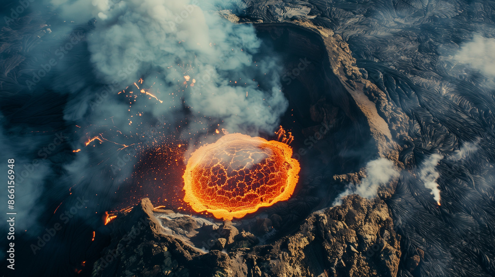Volcanic eruption observed from above. The volcano's crater and flowing ...