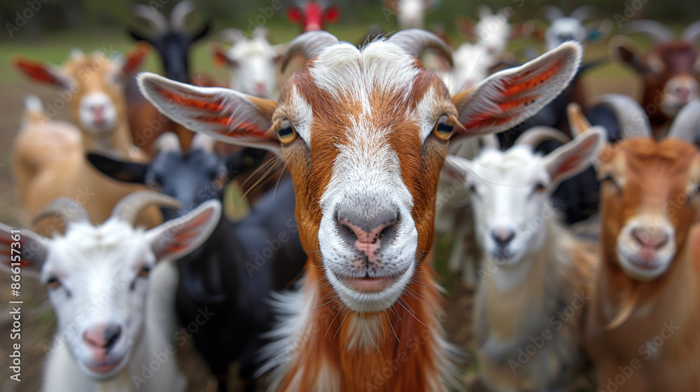 Tabby Hen and border black Goat in front of blue gradient background ...
