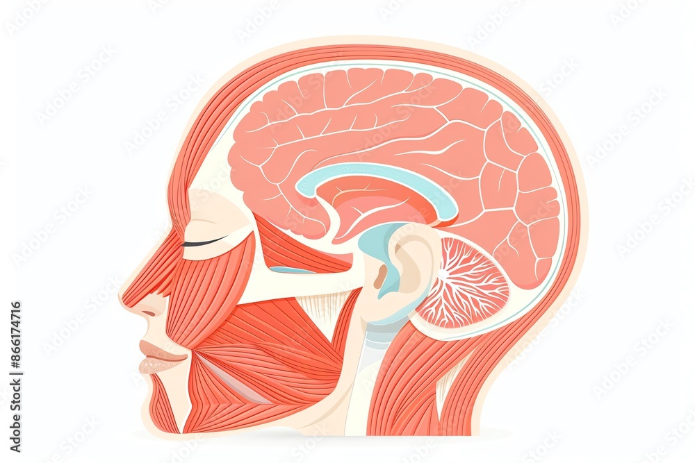 Detailed illustration of the layers of facial skin and muscles for ...