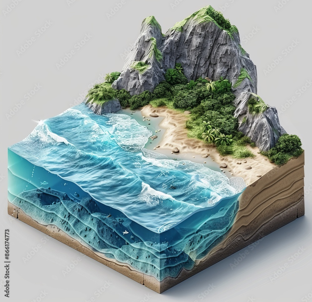 3D underwater cross section with mountain. Concept of environment ...
