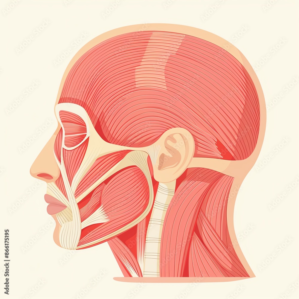 Detailed illustration of the layers of facial skin and muscles for ...