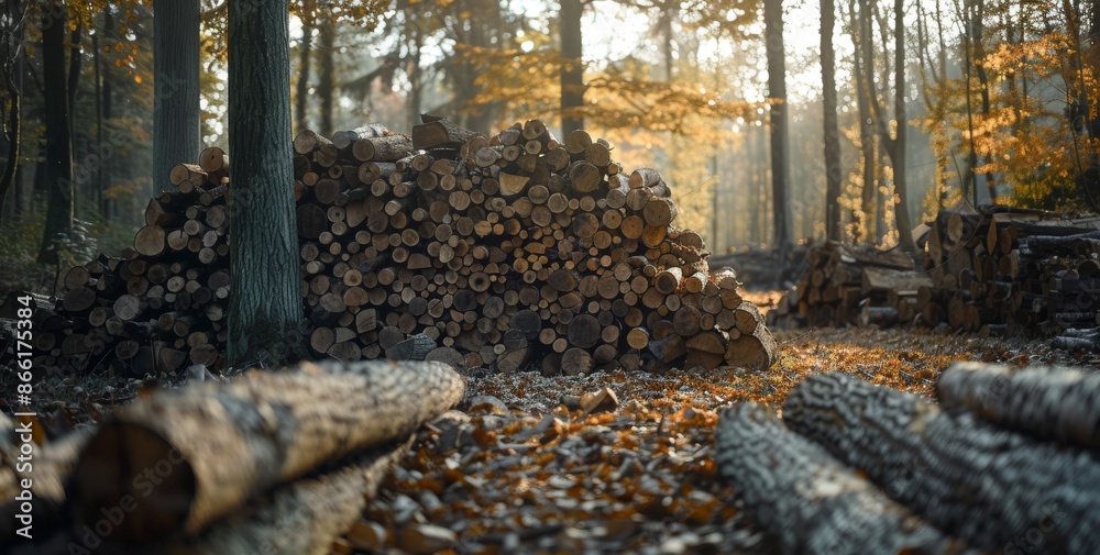 Wood stack. Heap of log. Wooden pile at logging industry. Stacked ...