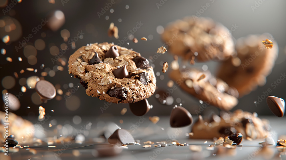 Dynamic Explosion of 3D Cookie Pieces and Oatmeal Chocolate Chip Cookies Flying Out of the ...