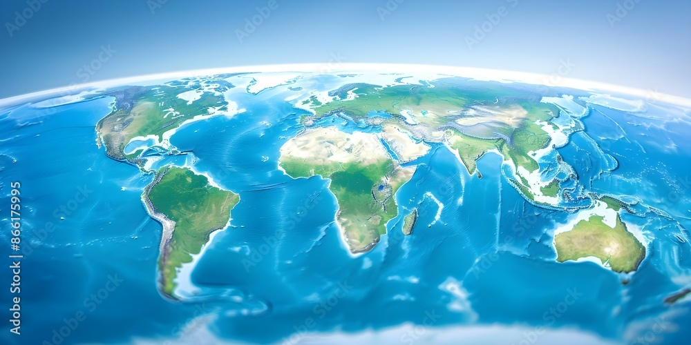 Closeup world map with countries continents oceans and major cities ...